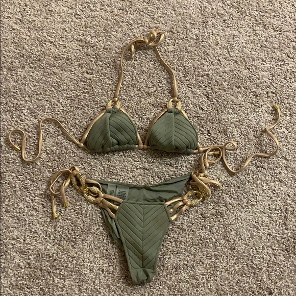 Beach Bunny | Swim | Pageant Green And Gold Bikini Bling Gold Ties ...